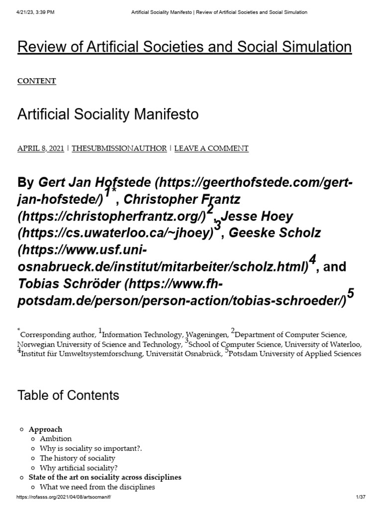Artificial Sociality Manifesto _ Review of Artificial Societies and Social Simulation | PDF ...