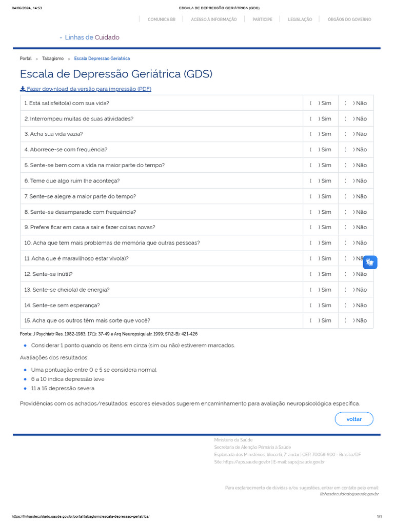 ESCALA DE DEPRESSÃO GERIÁTRICA (GDS) | PDF | Depressão