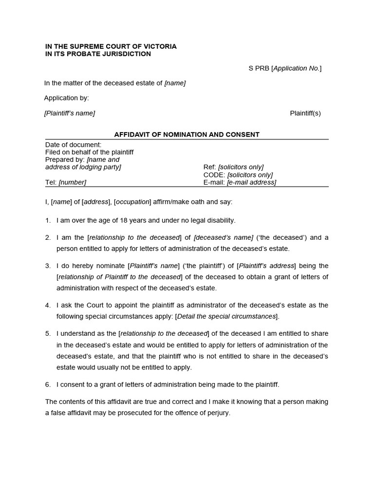 Probate Affidavit of Nomination and Consent | PDF