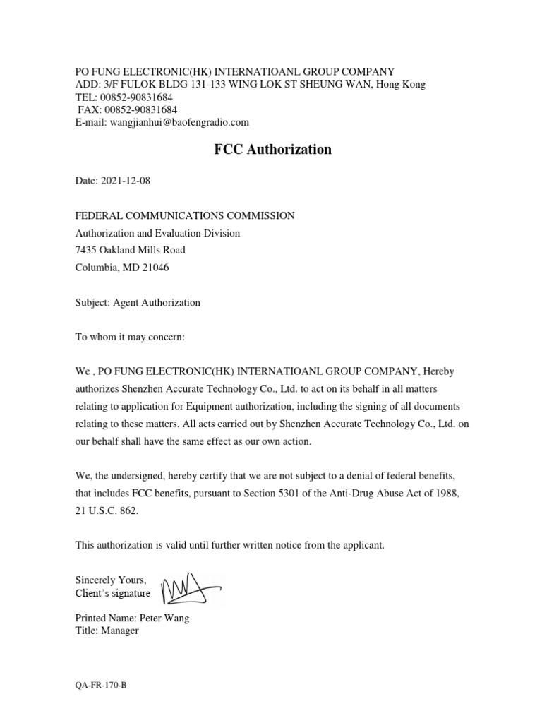 FCC Agent Authorization Letter 5637897 | PDF