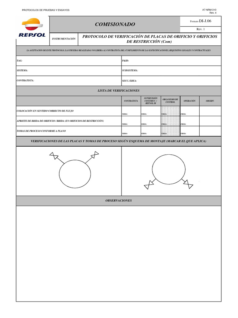 Protocolo Comisionado Placas de Orificio y Orificios de Restricción | PDF