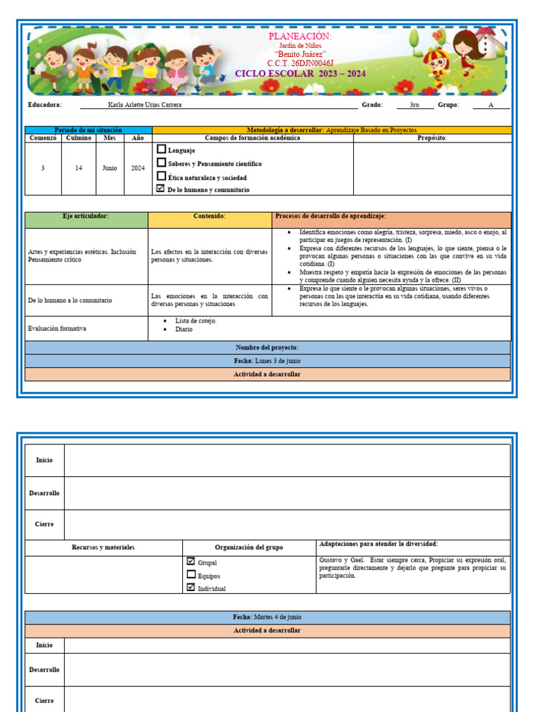 plan junio | Descargar gratis PDF | Las emociones | Educación de la primera infancia