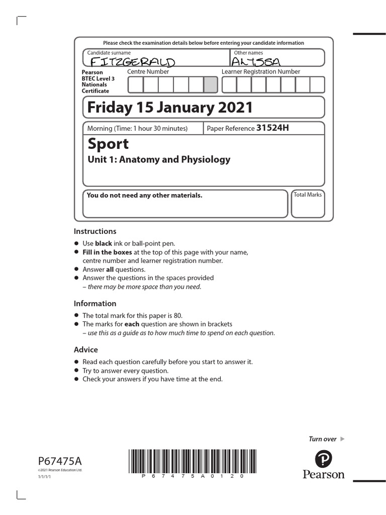 BTEC Level 3 Sport Anatomy Paper 2021 | PDF | Physiology ...