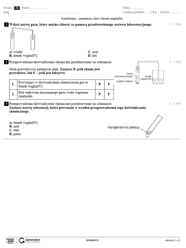 klasa 7 Kartkówka – powietrze, tlen i tlenek węgla | PDF