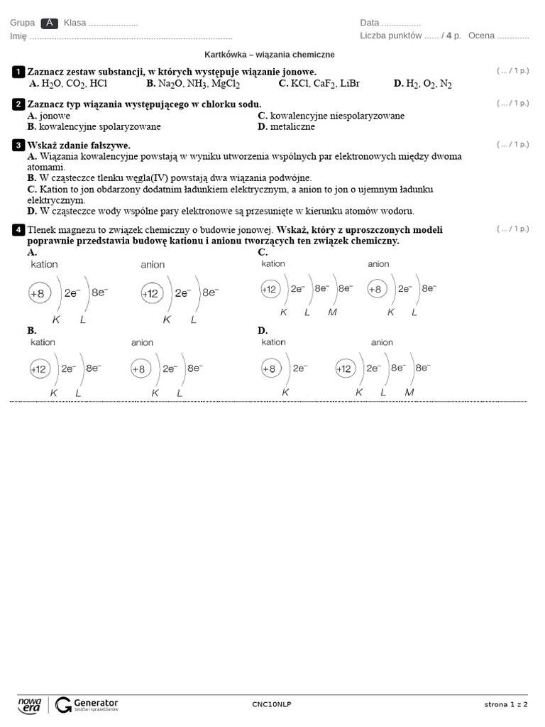 Klasa 7 Kartkówka - Wiązania Chemiczne | PDF