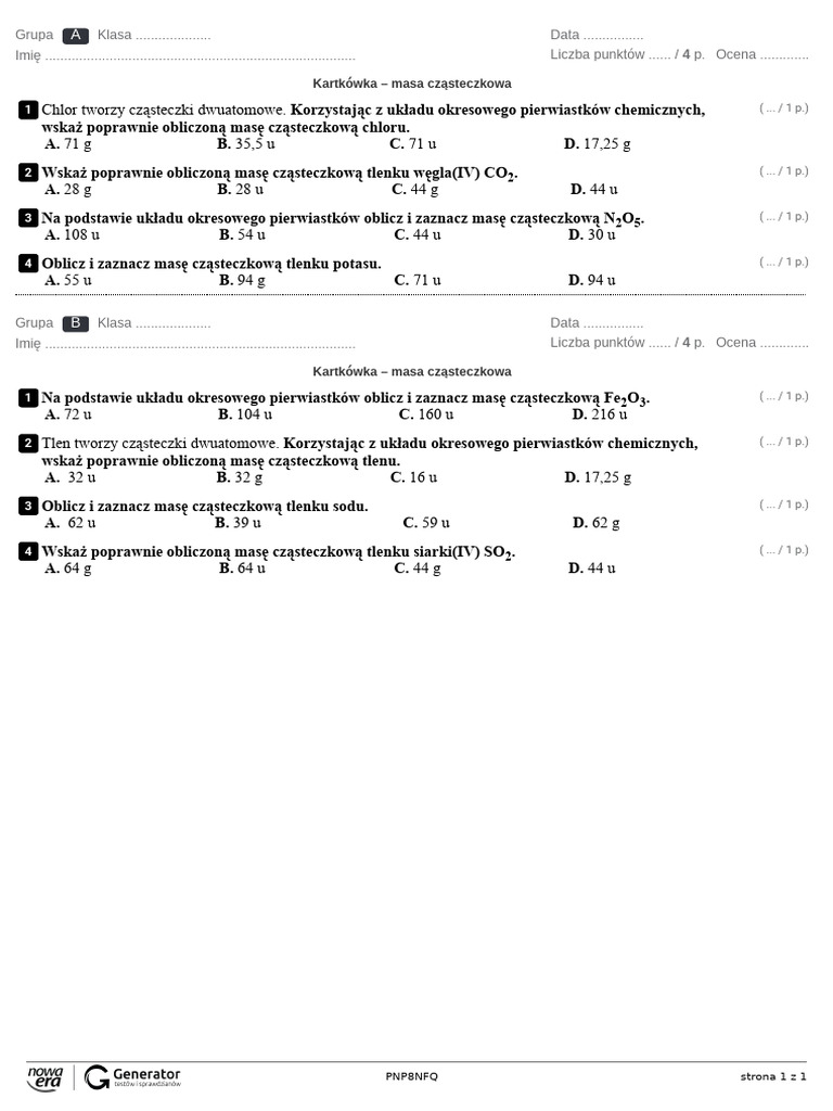 Klasa 7 Kartkówka - Masa Cząsteczkowa | PDF