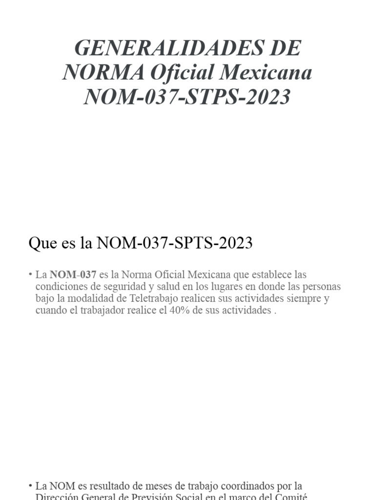 GENERALIDADES DE NORMA Oficial Mexicana NOM-037-STPS-2023 | PDF | Factores humanos y ergonomía