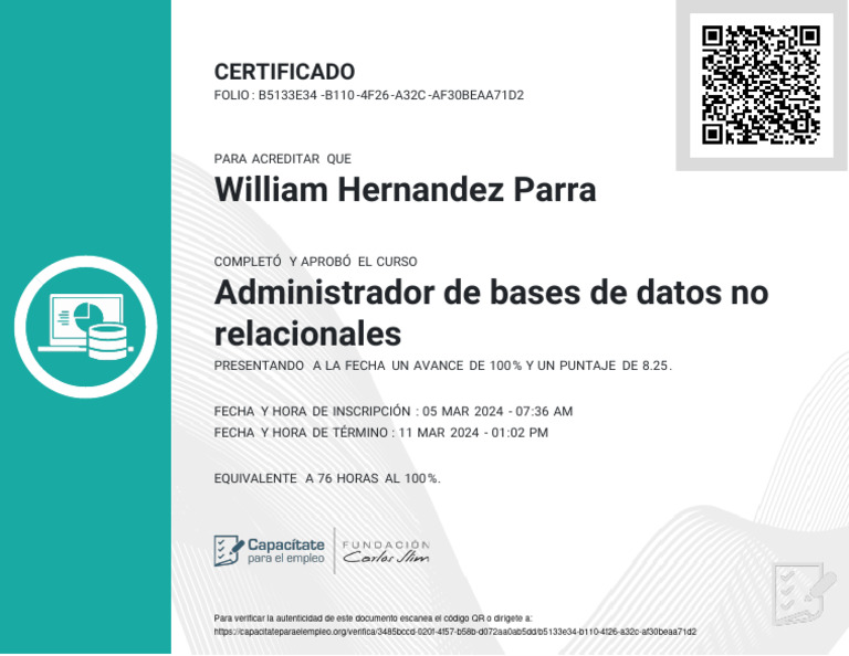 Certificado Administrador de Bases de Datos No Relacionales Fund Carlos ... Certificado Administrador de Bases de Datos No Relacionales Fund Carlos ...
