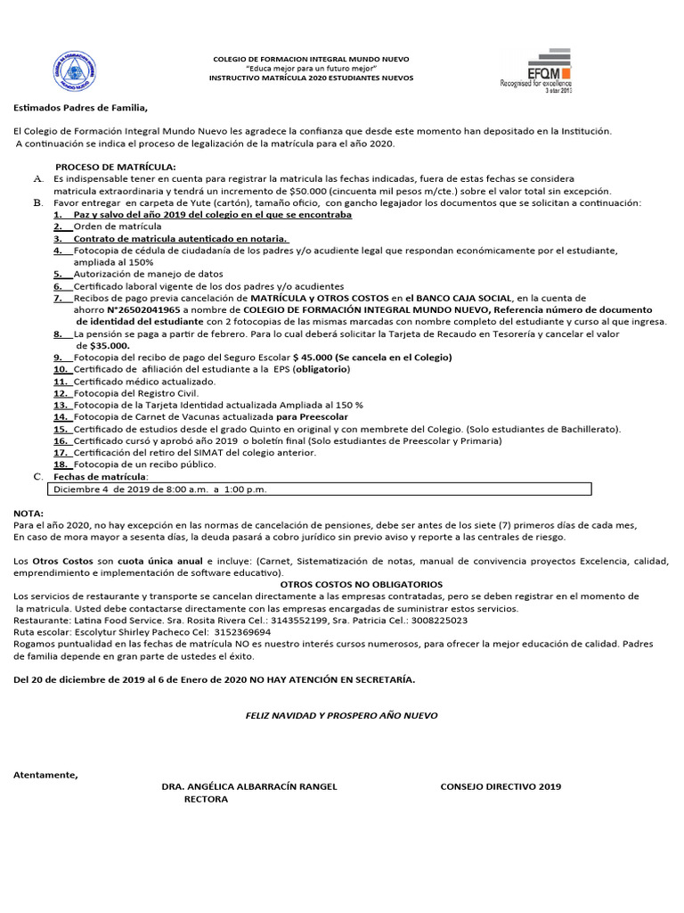 Circular Matricula 2020 Nuevos y Antiguos 1 | PDF | Documento de ...