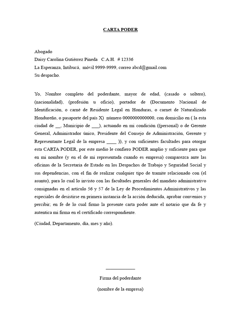 Ejemplo de Carta Poder en Honduras | PDF