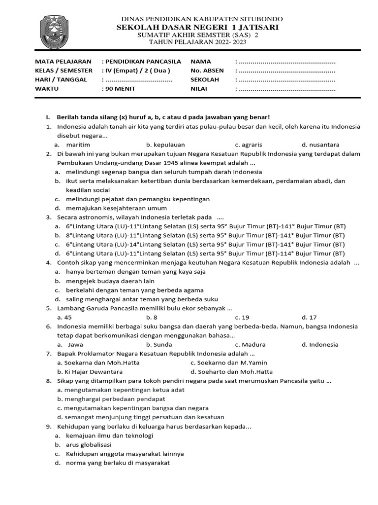 Soal Sas 2 Kelas 4 Pend - Pancasila SDN 1 Jatisari | PDF | Politik | Perjalanan