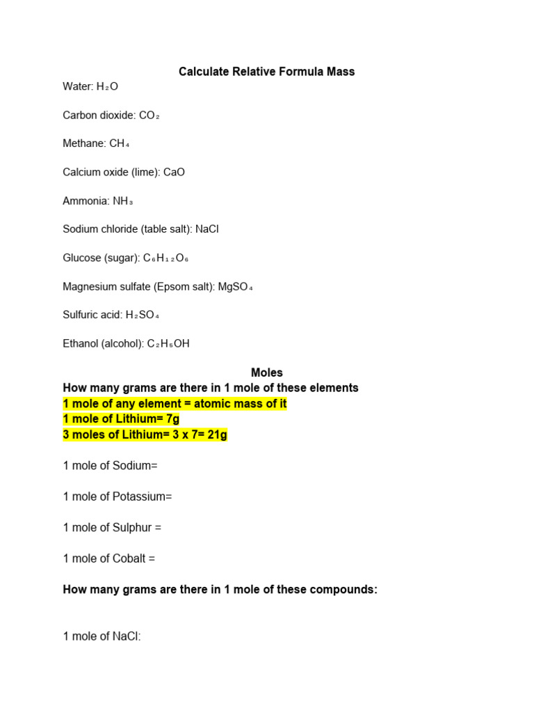 Calculate Relative Formula Masses | PDF | Teaching Methods & Materials ...