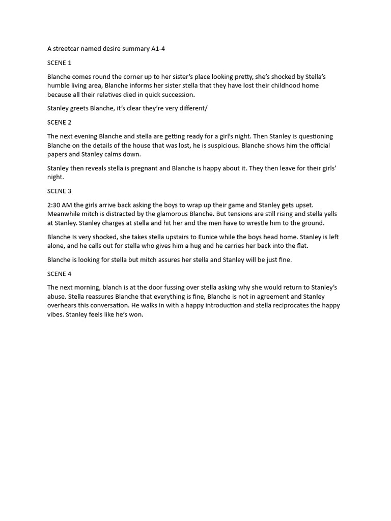 A Streetcar Named Desire Summary A1 | PDF | Mystery, Thriller & Crime ...