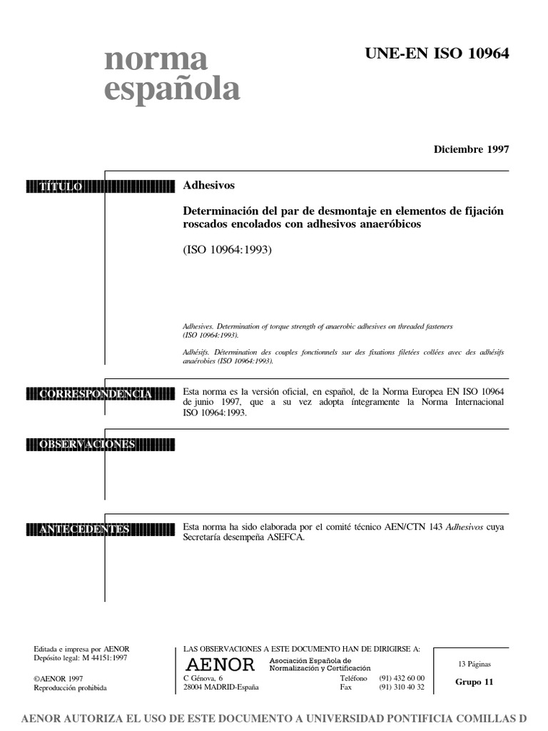 Une-En Iso 10964 1997 | Descargar gratis PDF | Tornillo | Estandarización