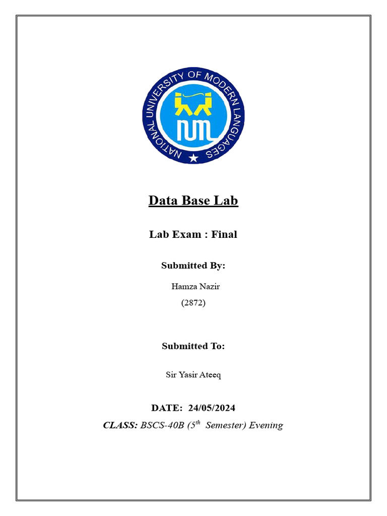 DB FINAL LAB EXAM Hamza Nazir (2872) - Bscs EVE PDF | PDF | Sql | Computer Data