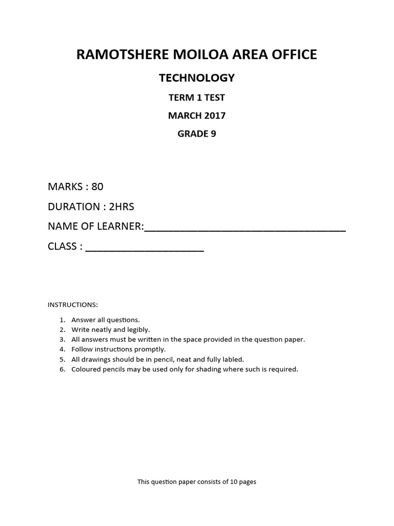 Technology Grade 9 March 2017 Test 1 | PDF | Force