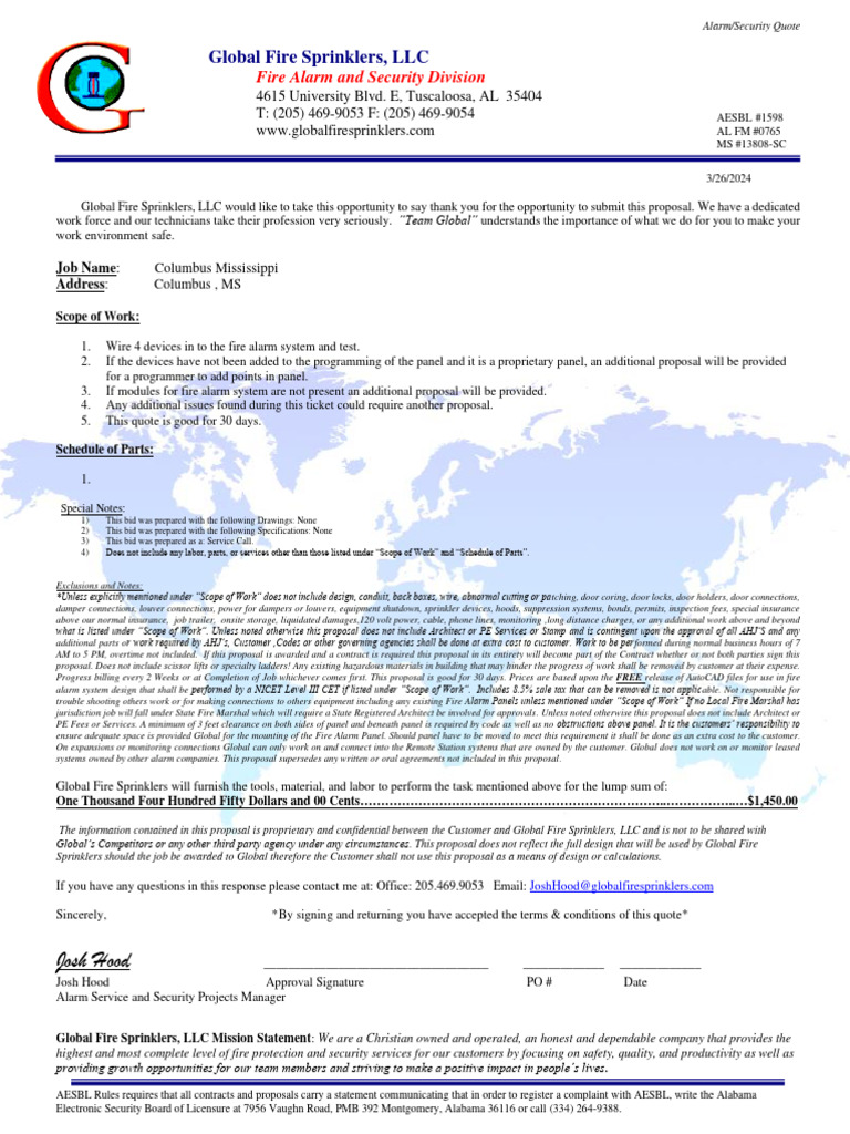 T600 Fire Alarm Quote Columbus MS | PDF