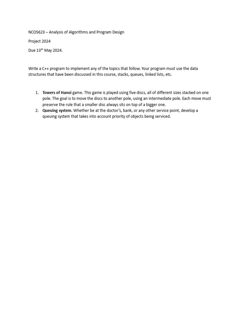 C++ Project: Towers of Hanoi & Queuing System | PDF | Art | Computers