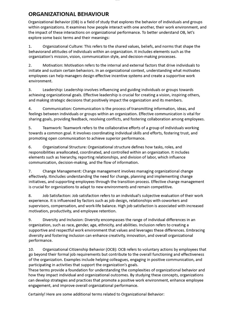 Organizational Behaviour Notes | PDF | Diversity (Business) | Leadership