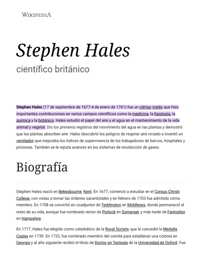 Stephen Hales - Wikipedia, La Enciclopedia Libre | PDF