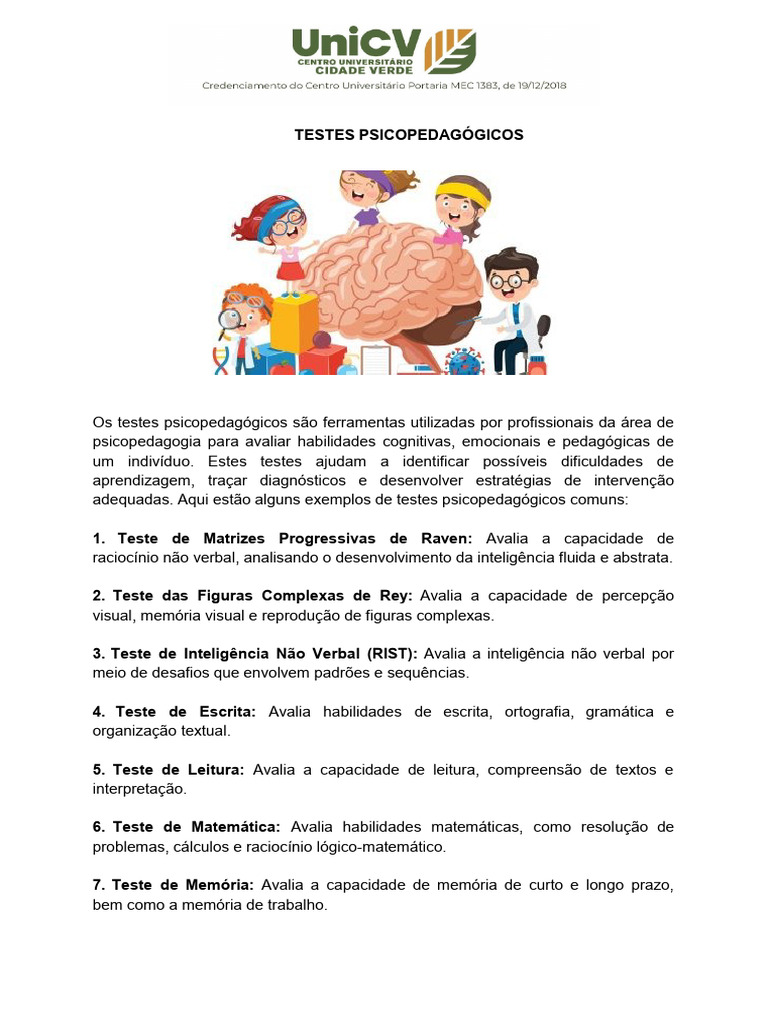 Testes Psicopedagógicos e Suas Aplicações | PDF | Dislexia | Aprendizado
