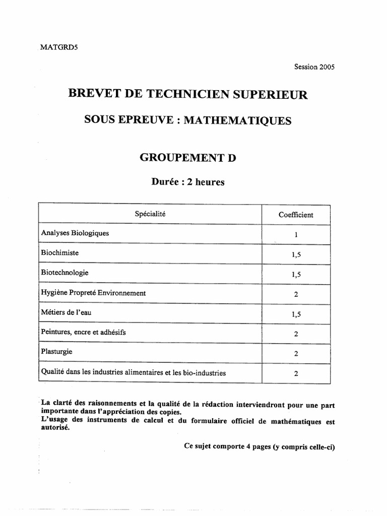 BTS Maths D 2005 | PDF