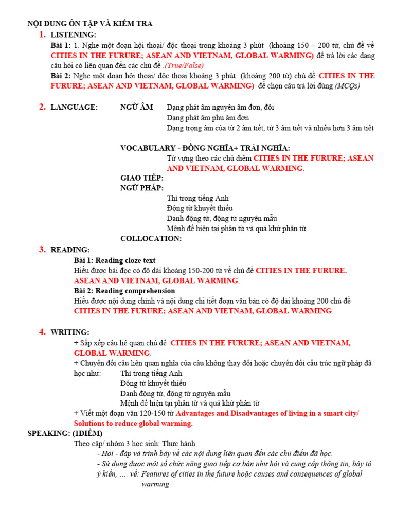 NỘI DUNG ÔN TẬP VÀ KIỂM TRA CUỒI KÌ 1 - KHỐI 11 CHY | PDF