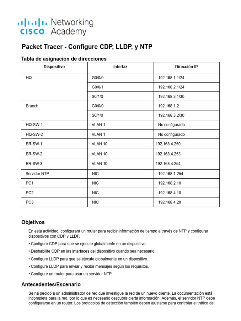10.8.1 Packet Tracer - Configure CDP LLDP and NTP Instructions - Es XL | PDF | Enrutador ...