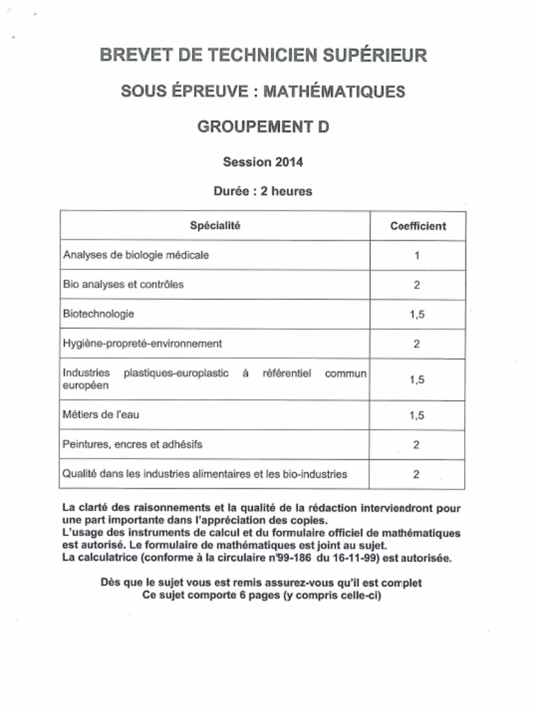 BTS Maths D 2014 | PDF