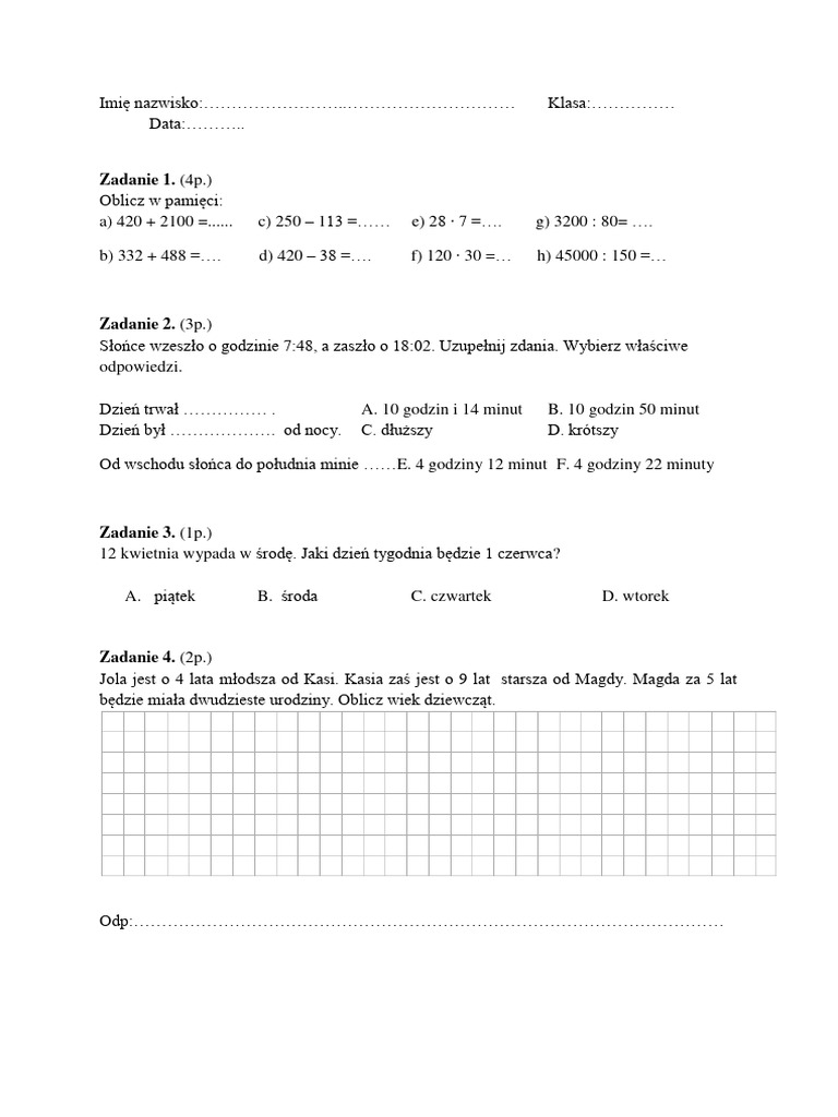 Sprawdzian Z Matematyki W KL - VI 2 | PDF