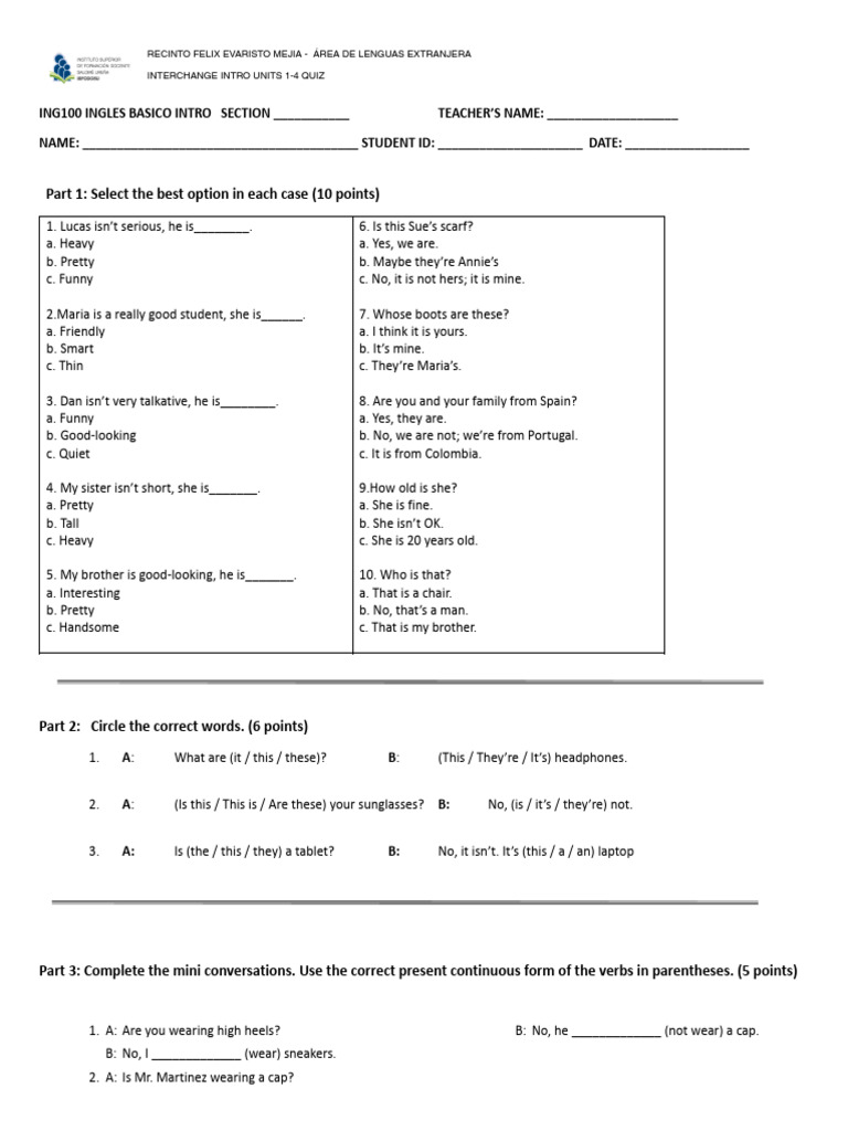 Interchange Intro Units 1-4 Quiz | PDF | Linguistics