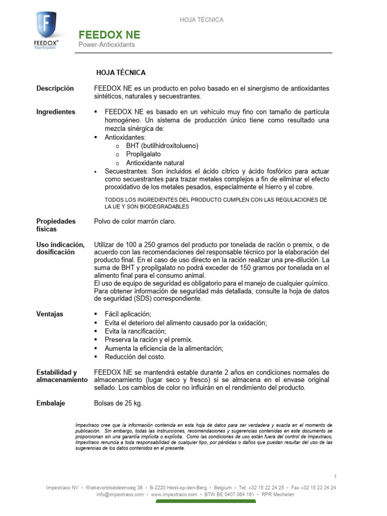 Antioxidantes Feedox NE y Propilgalato | PDF | Antioxidante | Materiales