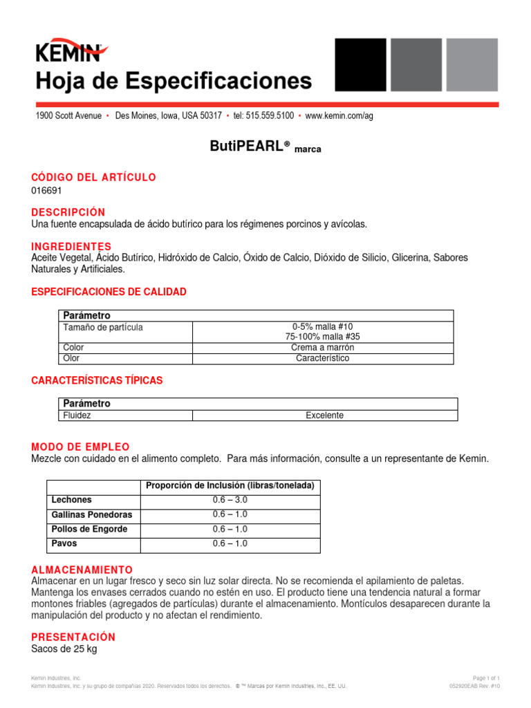 ButiPEARL - US Spec Sheet - Spanish - Kemin | PDF