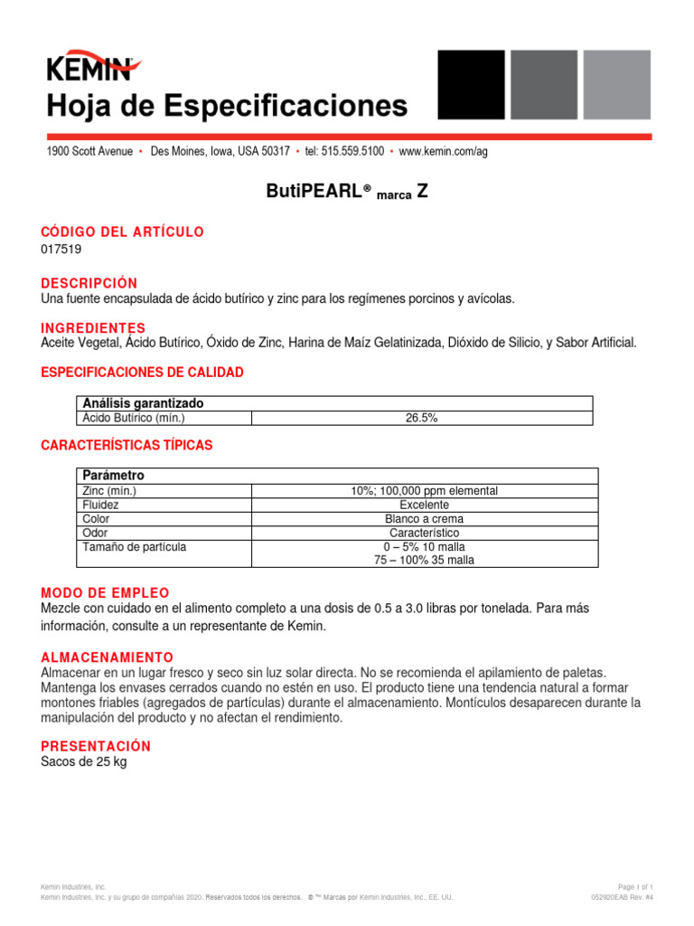 ButiPEARL®: Ácido Butírico y Zinc | PDF