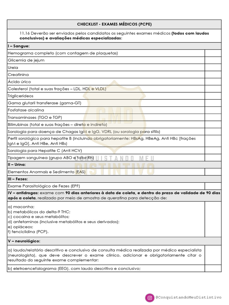 01 - Checklist - Exames Pcpe | PDF | Psiquiatria | Odontologia