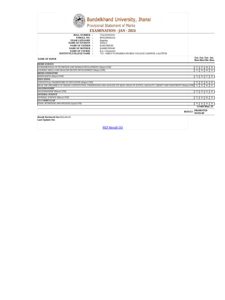 Exam - Bujhansi.ac - in frmViewCurrentCollegeResult - Aspx | PDF