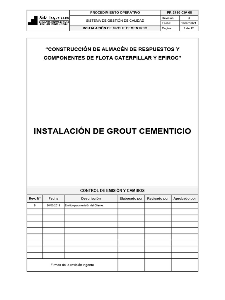 Procedimiento de Instalación de Grout | Descargar gratis PDF | Hormigón | Mortero (Albañilería)