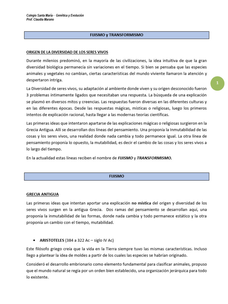 TEORIA - Fijismo y Transformismo | PDF | Evolución | Taxonomía (biología)