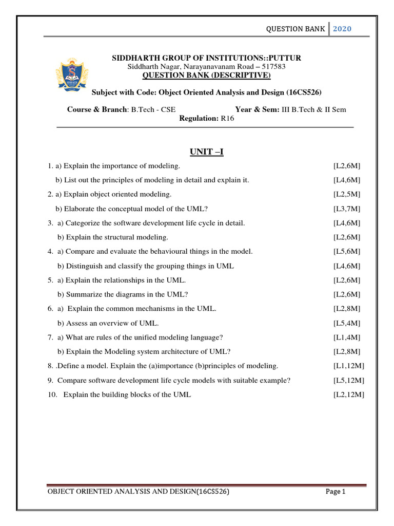 16cs526 Object Oriented Analysis And Design Pdf Class Computer