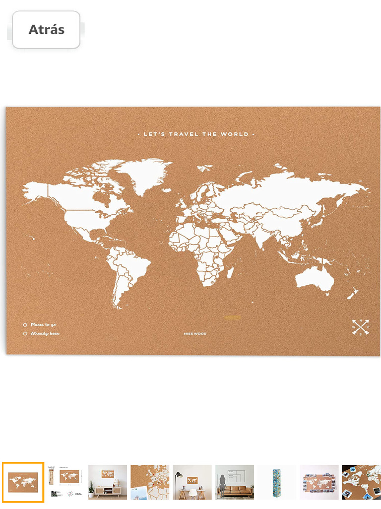 Miss Wood Map L, Mapa Del Mundo de Corcho, 45 x 60 Cm, Natural Blanco ...