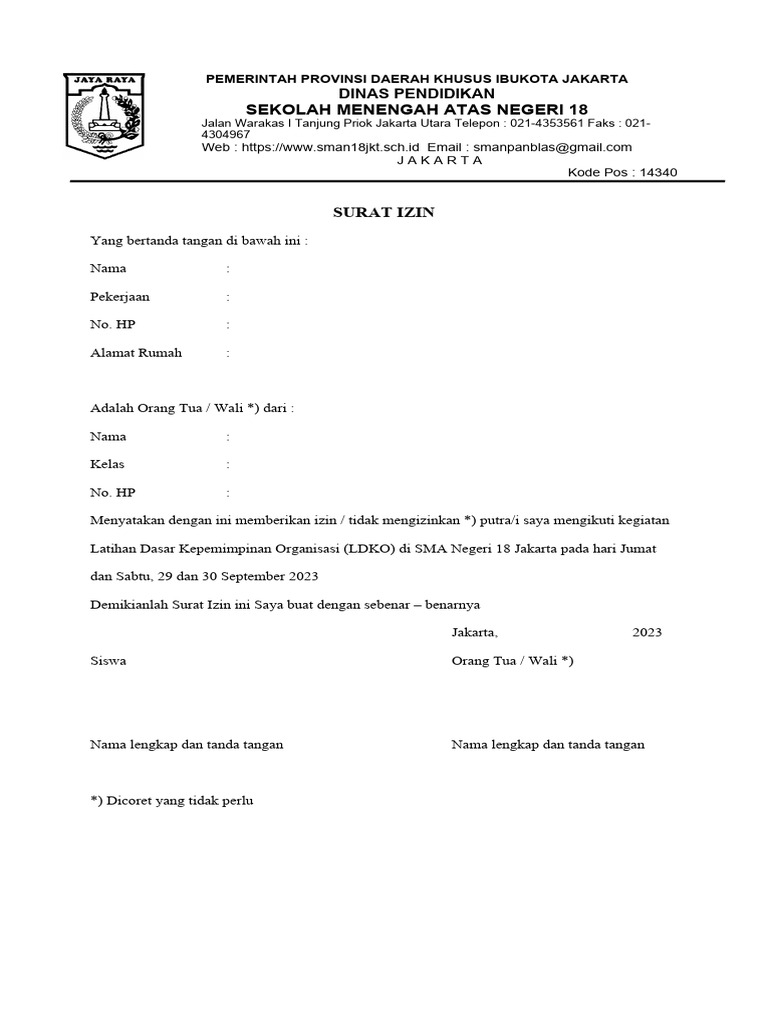 Surat Izin Kegiatan LDKO SMA 18 Jakarta | PDF