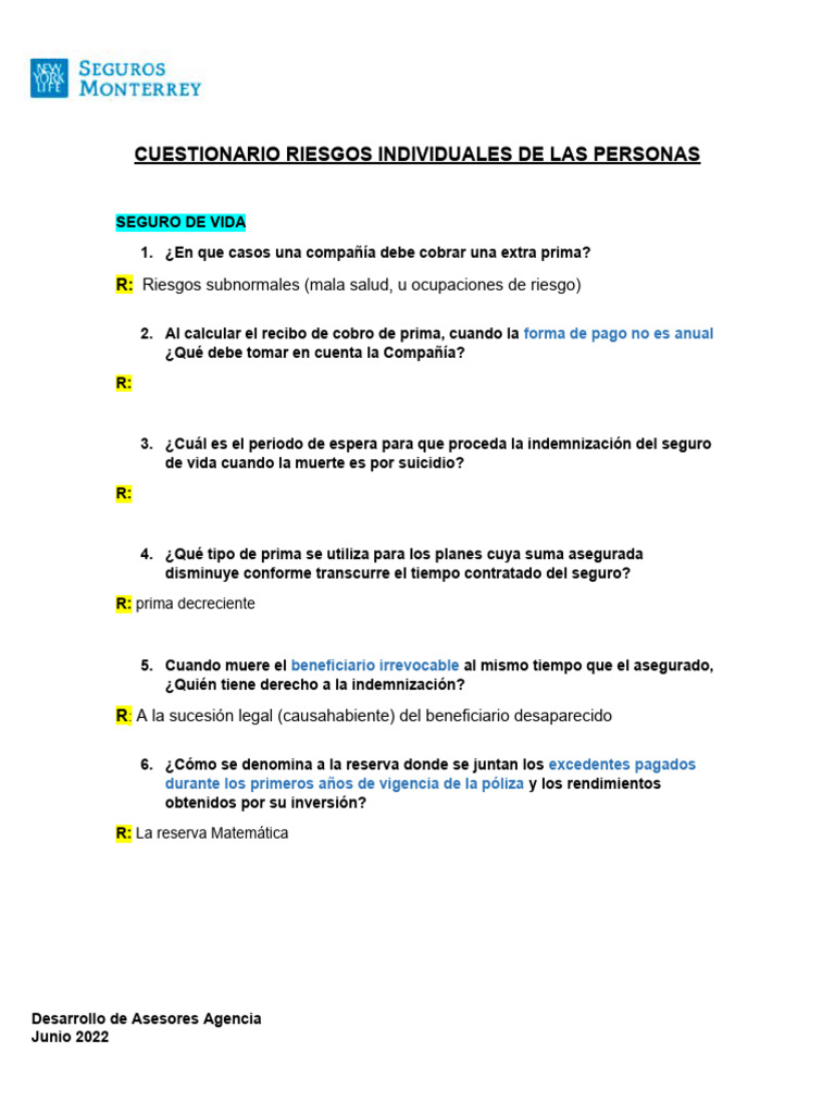 Cuestionario Riesgos Individuales de Seguros de Personas (ARI) | PDF | Seguro | Seguro de vida