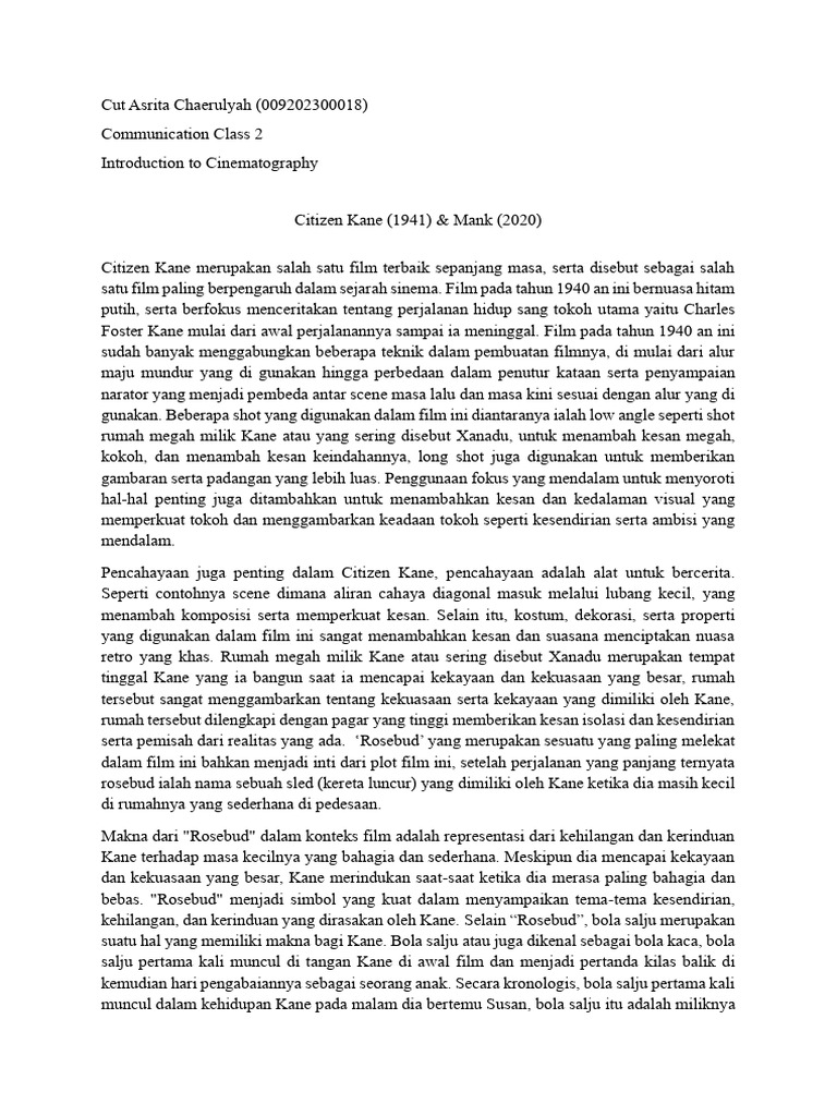 Cut Asrita - Introduction To Cinematography (Citizen Kane & Mank) | PDF | Seni | Klasik