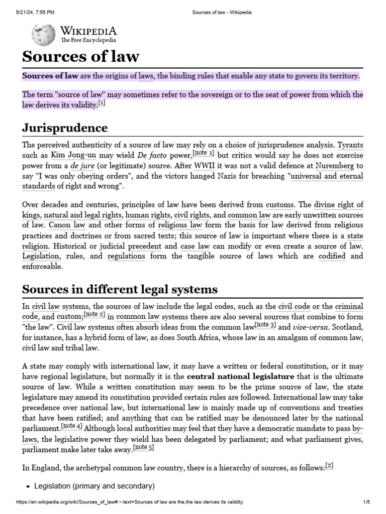 Sources of Law - Wikipedia | PDF | Sources Of Law | Legal Documents