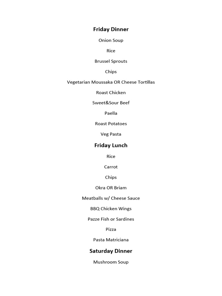 Weekly Buffet Menu | PDF | Pasta | French Fries