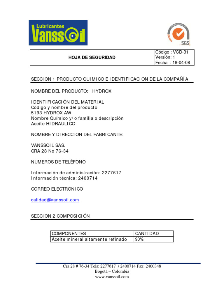 ficha de seguridad hydrox | Descargar gratis PDF | Agua | Toxicidad