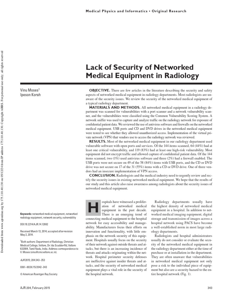 Moses Korah 2015 Lack of Security of Networked Medical Equipment in ...