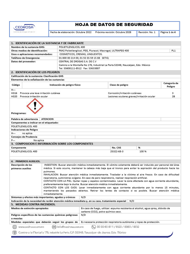 HDS Polietilenglicol 400 Cedrosa | PDF | Agua | Combustión