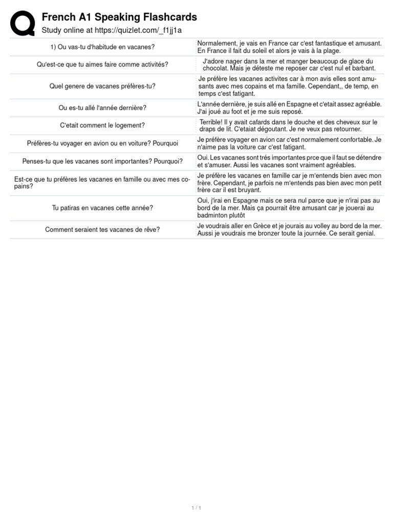 Flashcards de conversation A1 en français | PDF