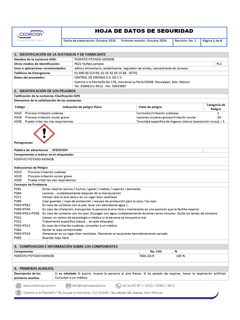 HDS Fosfato Potasio Mono Cedrosa | Descargar gratis PDF | Agua | Química